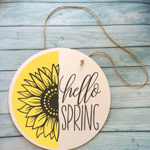 Hand Crafted | Wall Decor | Hello Spring Handmade Round Wood Sunflower Theme Signunique Handmade ...